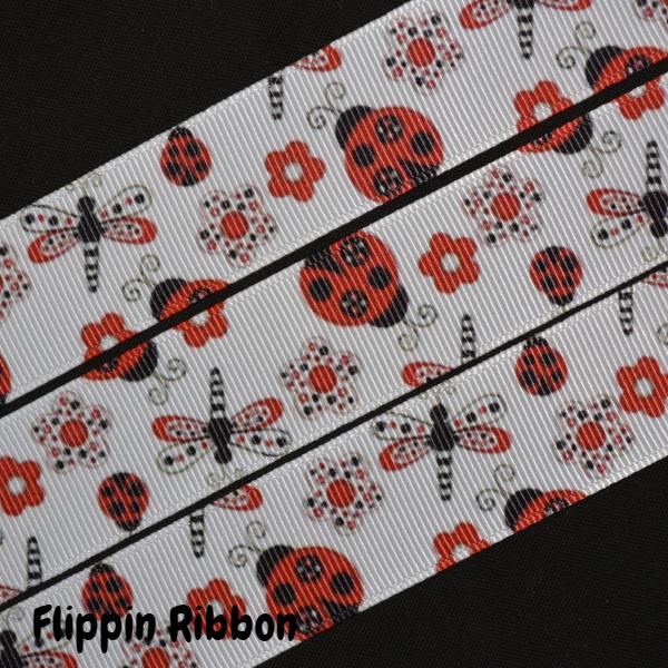 Dragonfly and Ladybug Ribbon - 1 inch Printed Grosgrain Ribbon ...
