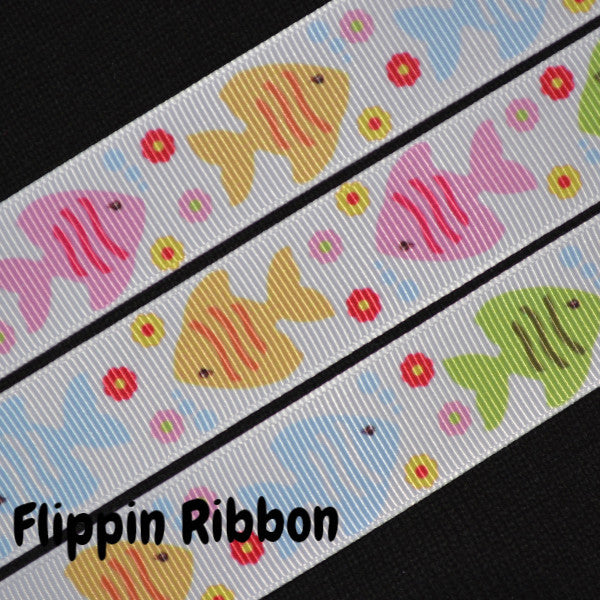 Fish Ribbon with Flowers - 7/8 inch Printed Grosgrain Ribbon – Flippin ...