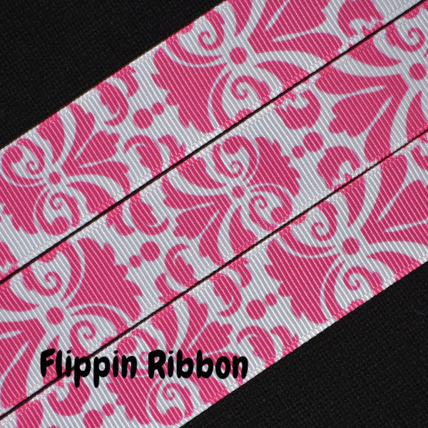 Hot Pink Damask Ribbon - 7/8 inch Printed Grosgrain Ribbon – Flippin ...