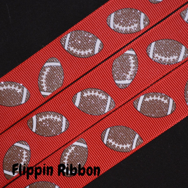 Red Glitter Football Ribbon - 7/8 inch Printed Grosgrain Ribbon ...